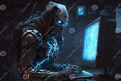 Cyborg Hacker Robot Hacks Into A Computer The Concept Of Cybersecurity Of The Future Stock