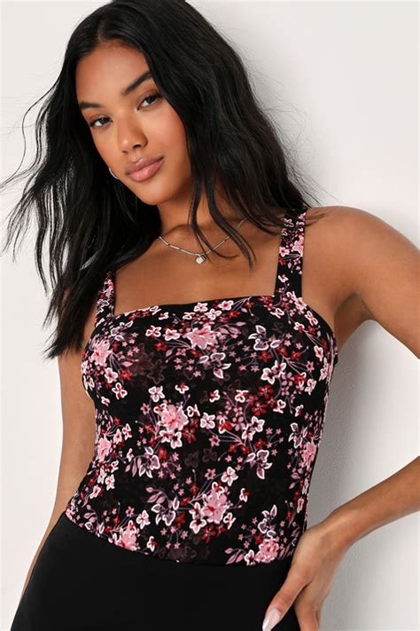 Black And Pink Bodysuit Floral Mesh Bodysuit Mesh Bodysuit Lulus