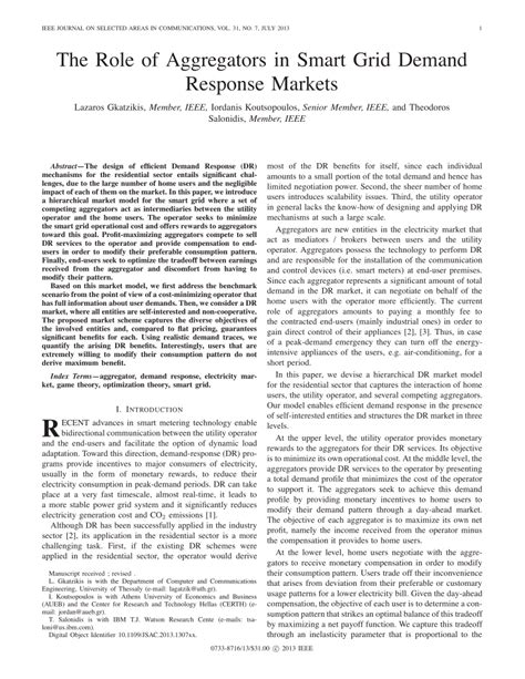 Pdf The Role Of Aggregators In Smart Grid Demand Response Markets