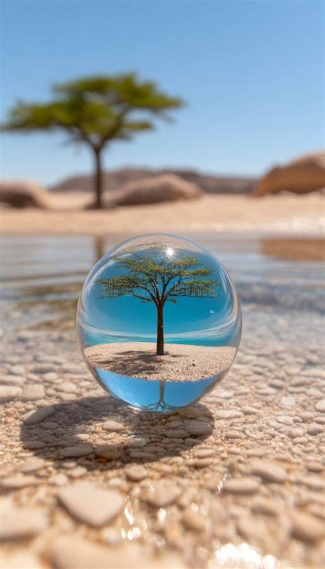 Lone Tree Reflected In Crystal Ball On Sandy Beach A Serene Landscape Captured Under A Blue Sky