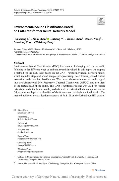Environmental Sound Classification Based On Car Transformer Neural Network Model