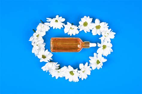 푸른 배경에 마음의 모양에 신선한 꽃입니다 위에서 볼 수 있습니다 천연 화장품 기록할 장소입니다 복사 공간 파란색 나무 배경에