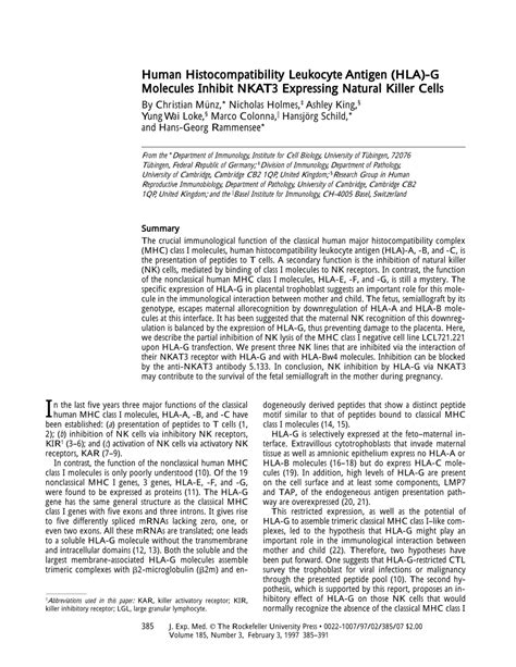 Pdf Human Histocompatibility Leukocyte Antigen Hla G Molecules
