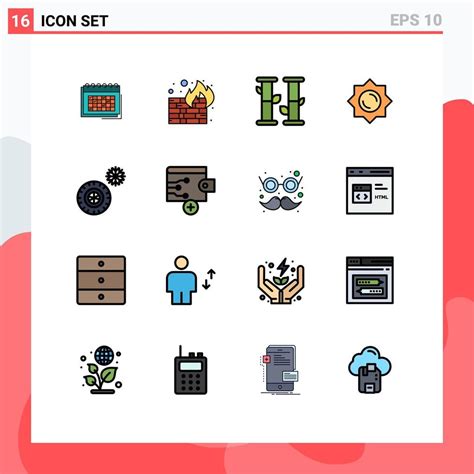 Modern Set Of 16 Flat Color Filled Lines Pictograph Of Tires Sunshine Firewall Sun Nature