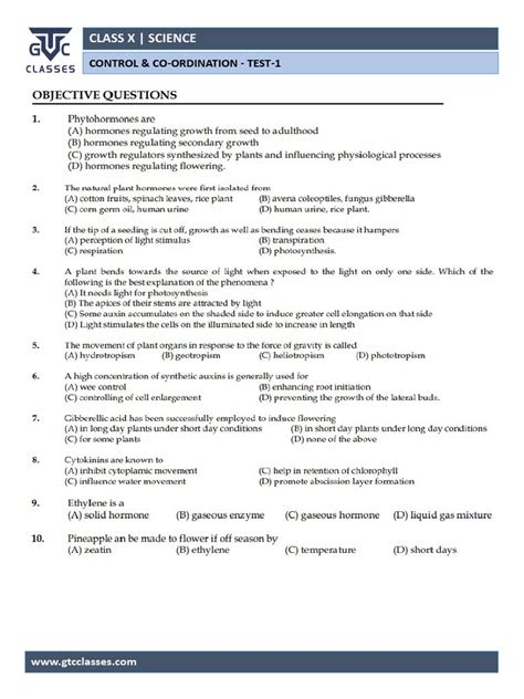 Control And Coordination Test Pdf Teaching Methods And Materials
