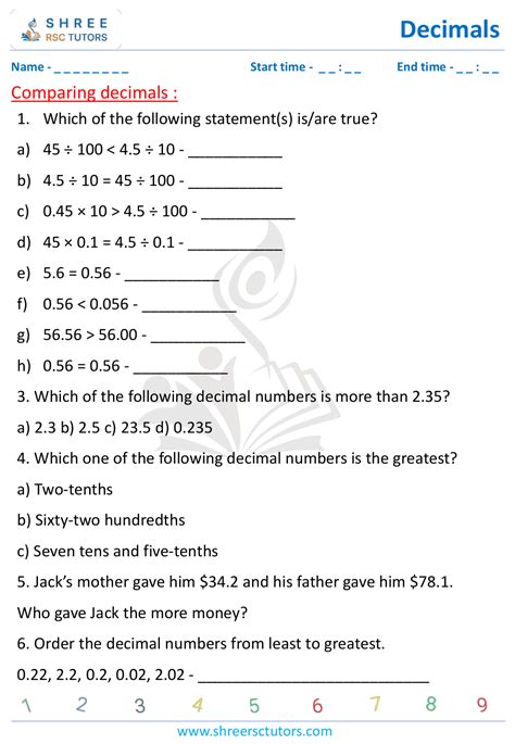 comparison of decimals worksheets for grade 5 maths shree rsc tutors