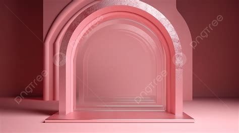 핑크색 앞에 서있는 빈 방의 아치 3d 렌더링 레트로 스튜디오 샷 투명 핑크 아크릴 아치가 있는 제품 디스플레이 배경 고화질 사진 사진 배경 일러스트 및 사진 무료