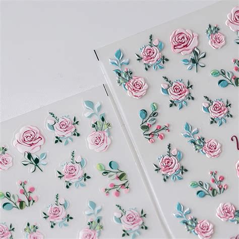 Badu Bg Акрилно гравиран стикер за нокти Големи розови цветя Зелени листа Самозалепващи се