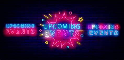 다가오는 이벤트 네온 엠블럼 컬렉션 파티 쇼 및 판매 포스터 벡터 스톡 일러스트레이션 개념에 대한 스톡 벡터 아트 및 기타 이미지 Istock