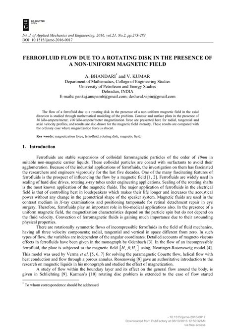 Pdf Ferrofluid Flow Due To A Rotating Disk In The Presence Of A Non Uniform Magnetic Field