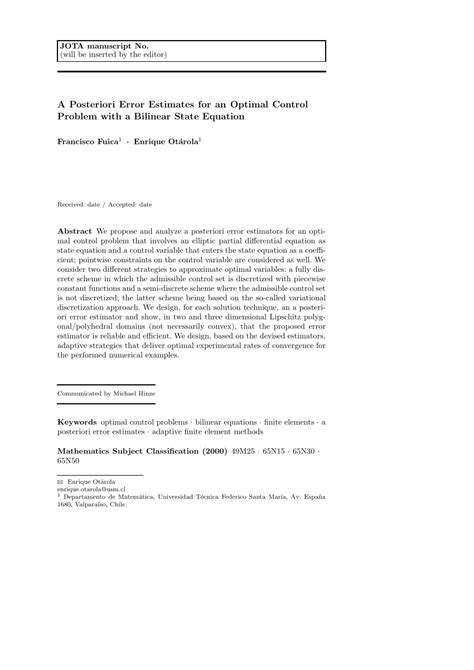 Pdf A Posteriori Error Estimates For An Optimal Control Problem With A Bilinear State Equation