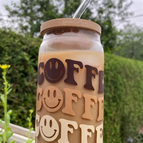 Coffee Glass With Bamboo Lid And Glass Straw Beer Can Glass Etsy