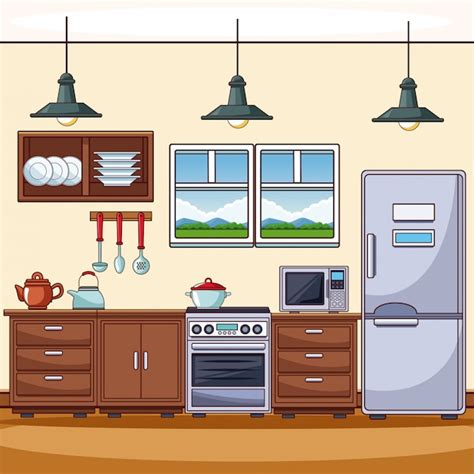 Dibujos Animados Coloridos Del Paisaje Interior De La Cocina Vector