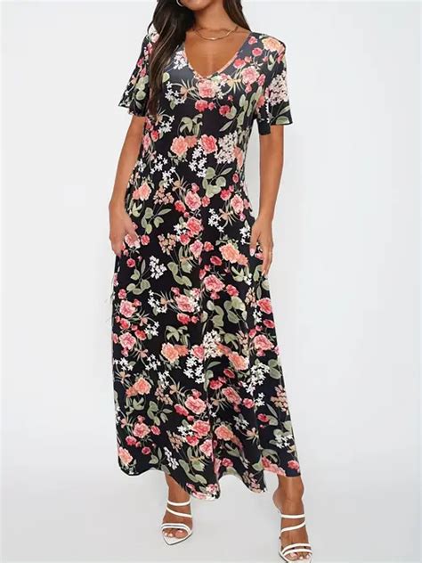 Floral Print Bohemian Maxi Dress V Neck Short Sleeve Dress Temu