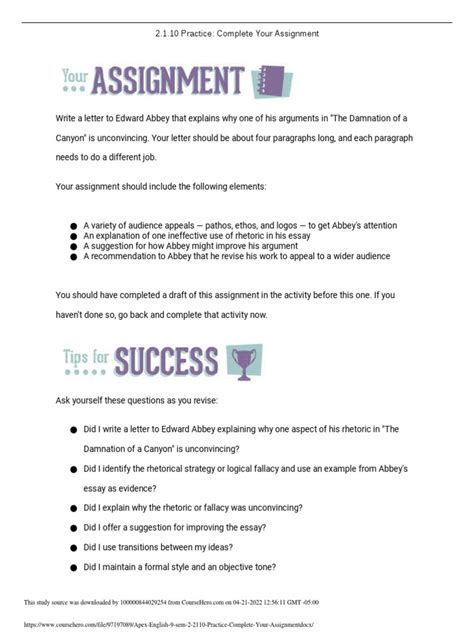 Apex English 9 Sem 2 2110 Practice Complete Your Assignment Pdf