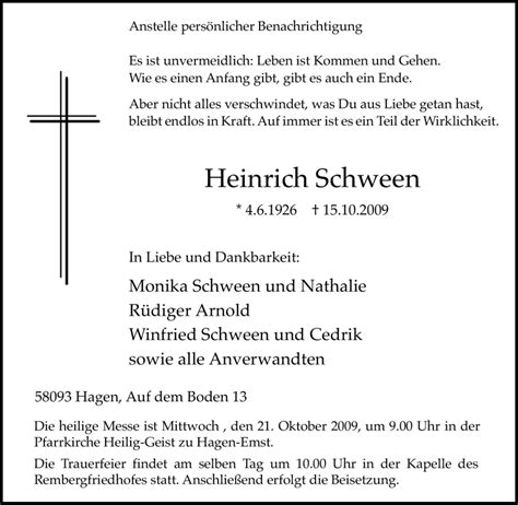 Traueranzeigen Von Heinrich Schween Trauer In Nrw De