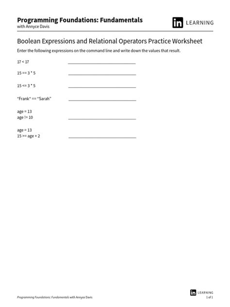 Boolean Expressions And Relational Operators Practice Worksheet Pdf