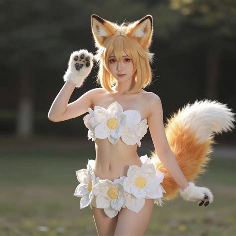 Fox Cosplay With Floral Costume In Natural Outdoor Setting Swap Face