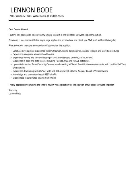 Full Stack Software Engineer Cover Letter Velvet Jobs