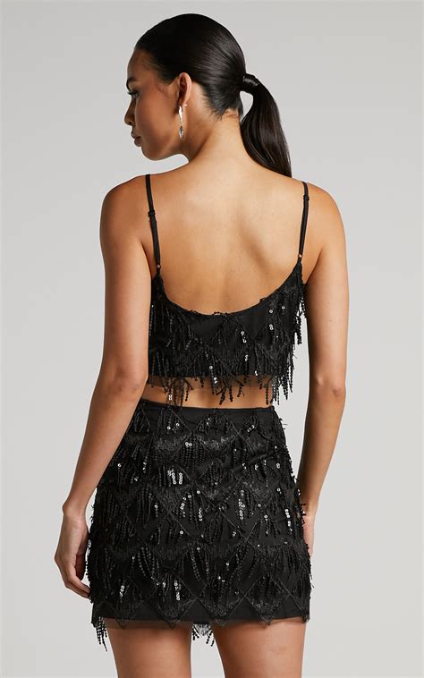 Khrizza Mini Skirt Sequin Diamond Mesh Skirt In Black Showpo