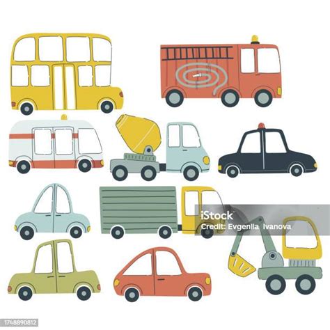 차량이 있는 벡터 일러스트레이션 세트입니다 클리핑 경로가 있는 벡터 스티커 만화 스타일로 아이들의 디자인을 위한 손으로 그린 그림 0명에 대한 스톡 벡터 아트 및 기타