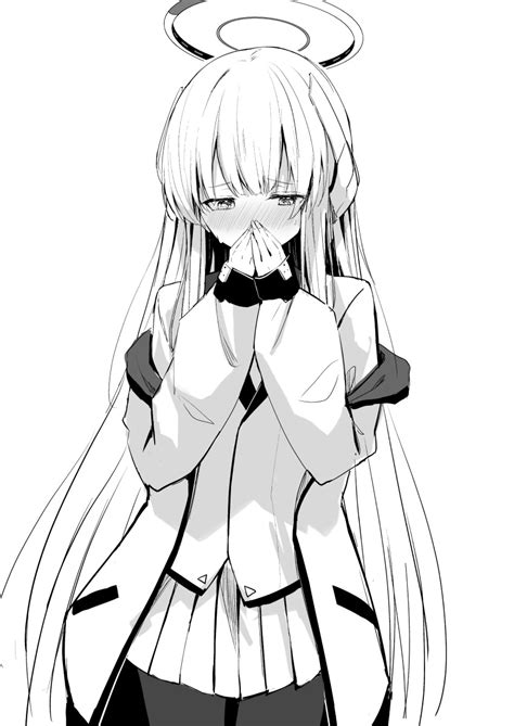 Safebooru 1girl Absurdres Blue Archive Blush Covering Mouth Greyscale