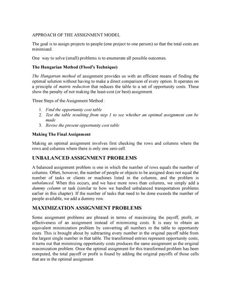 Chapter 10 Approach Of The Assignment Model Approach Of The