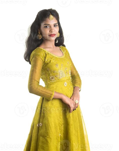 Portrait Of Beautiful Traditional Indian Girl Posing On White