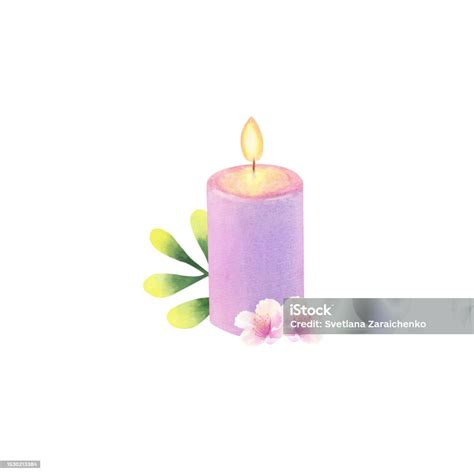 흰색 배경에 고립 된 가지와 꽃과 함께 불타는 보라색 촛불 수채화 손으로 그린 그림입니다 디자인 카드 초대장 축하 포장 인쇄
