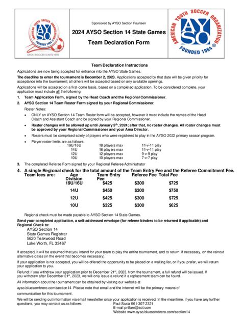 Fillable Online 2024 Ayso Section 14 State Games Team Declaration Form