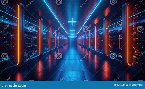 Dark Datacenter With Light Of Data Signals Stock Illustration