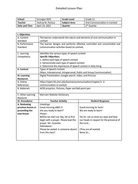 Sample Detailed Lesson Plan Pt1 Pdf Communication Lesson Plan