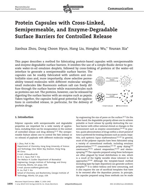 Pdf Uniform Protein Microcapsules With Semi Permeable And Enzyme