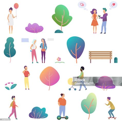 夏季人們在公園戶外活動的圖示設置現代梯度平面設計向量圖向量圖形及更多一組物體圖片 一組物體 人 休閒活動 主題 Istock