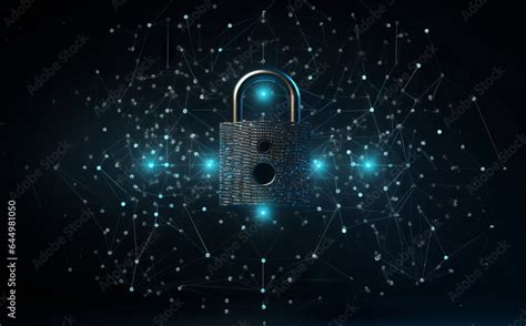Cyber Security Concept Lock Symbol From Lines And Triangles Point Connecting Network On Blue