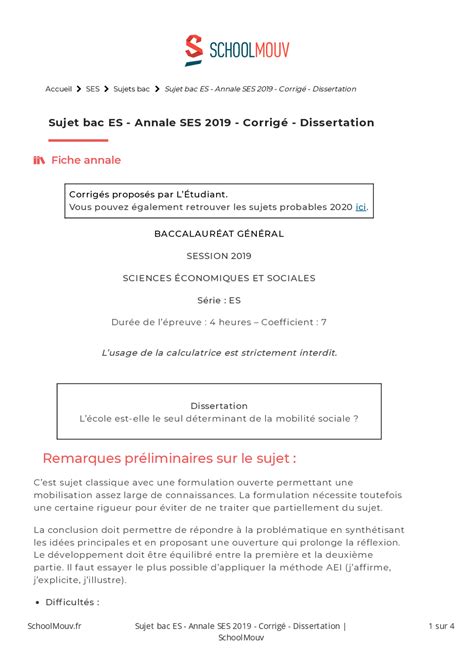 Sujet Bac Es Annale Ses 2019 Corrigé Dissertation Examens