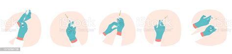 화이트 배경에 고립 된 주사기와 의사 또는 간호사 손의 집합 백신으로 분출을 들고 인간의 장갑 손바닥 주사기에 대한 스톡 벡터