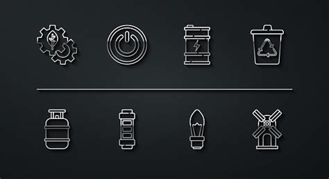 기어 기계 프로판 가스 탱크 재활용 쓰레기통 전구 배터리 전원 버튼 풍력 터빈 및 바이오 연료 배럴 아이콘에 리프 플랜트를 설정합니다 벡터 가연성에 대한 스톡 벡터 아트 및