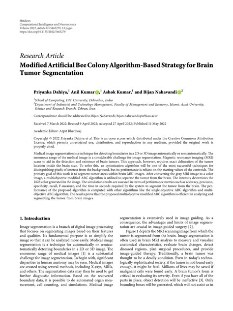PDF Modified Artificial Bee Colony Algorithm Based Strategy For Brain Tumor Segmentation