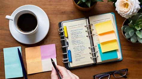 Open Planner Handwriting Organized Schedule Colorful Sticky Note Pen On Desk Cup Of Coffee