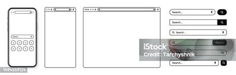 스마트폰 웹 브라우저 도구 모음과 검색 창 필드가 있는 인터넷 페이지 창 플랫 스타일 라인 아트의 현대적인 웹 사이트 컴퓨터 태블릿 및 스마트폰을 위한 빈 브라우저 모형