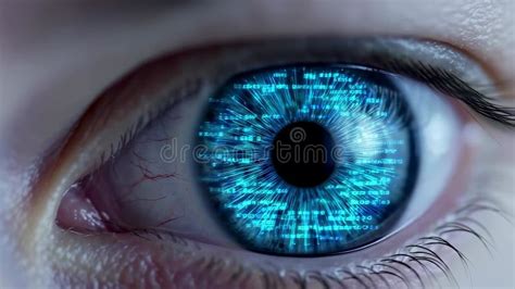 Extreme Close Up Of A Human Eye With A Glowing Blue Cybernetic Iris Displaying Digital Code And