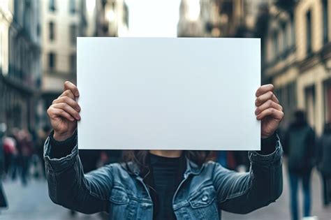 Closeup Of A Businesspersons Hand Holding Blank White Placard Premium