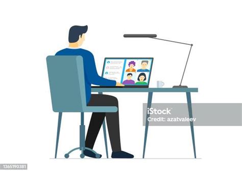 웹 컨퍼런스에 참여하는 랩톱 화면에 남자와 그룹 사람들 가상 작업 회의 및 거리 교육 웨비나 또는 화상 회의 화상 회의 및