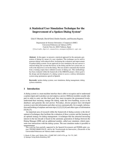 Pdf A Statistical User Simulation Technique For The Improvement Of A Spoken Dialog System