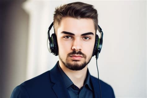 Premium Ai Image Handsome Young Man Wearing A Headset While Looking