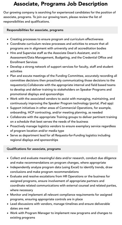 Associate Programs Job Description Velvet Jobs
