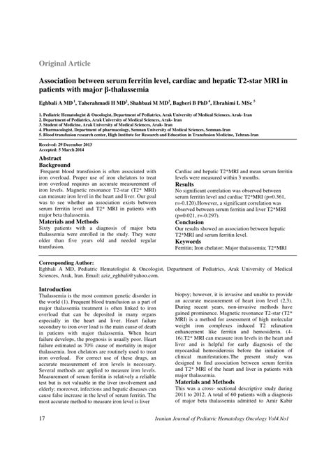 Pdf Association Between Serum Ferritin Level Cardiac And Hepatic T2