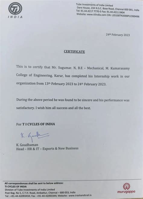 sugumar n on linkedin attended the internship at ti cycles of india