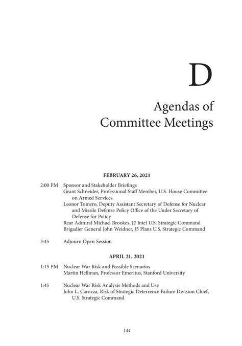 Appendix D Agendas Of Committee Meetings Risk Analysis Methods For Nuclear War And Nuclear
